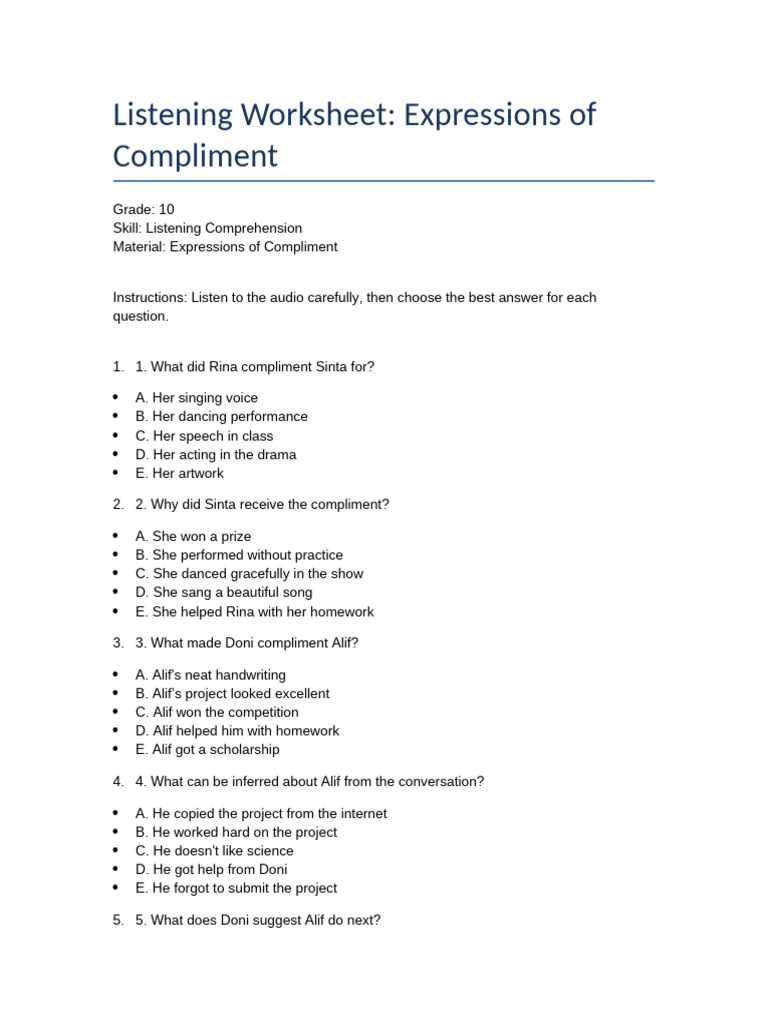 Listening Worksheet Expressions of Compliment Updated | PDF