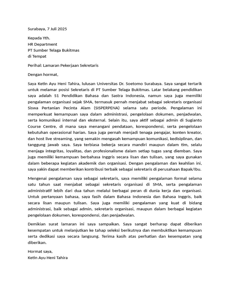 Lamaran Sekertaris - Ketin Ayu Heni Tahira | PDF