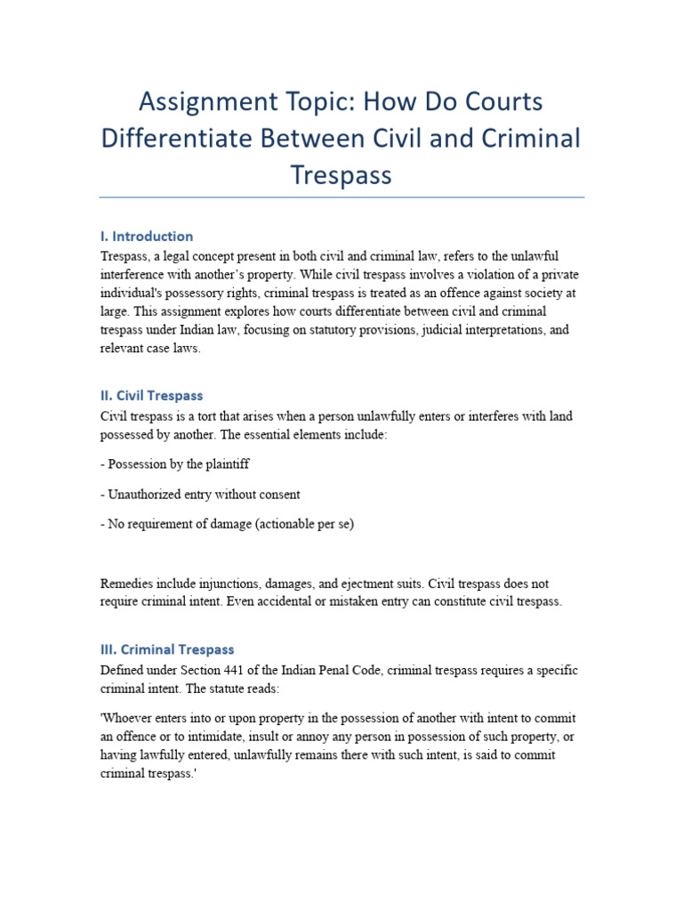 Courts Differentiation Civil Vs Criminal Trespass Assignment | PDF ...