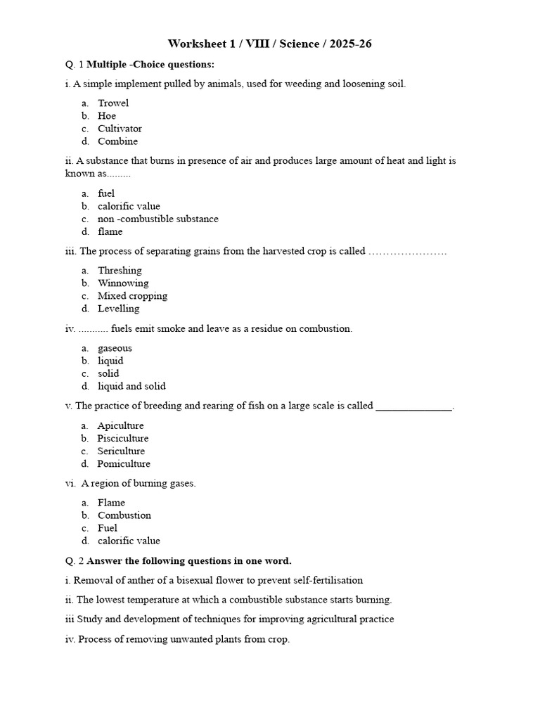 Worksheet 1 Class 8 Science | PDF