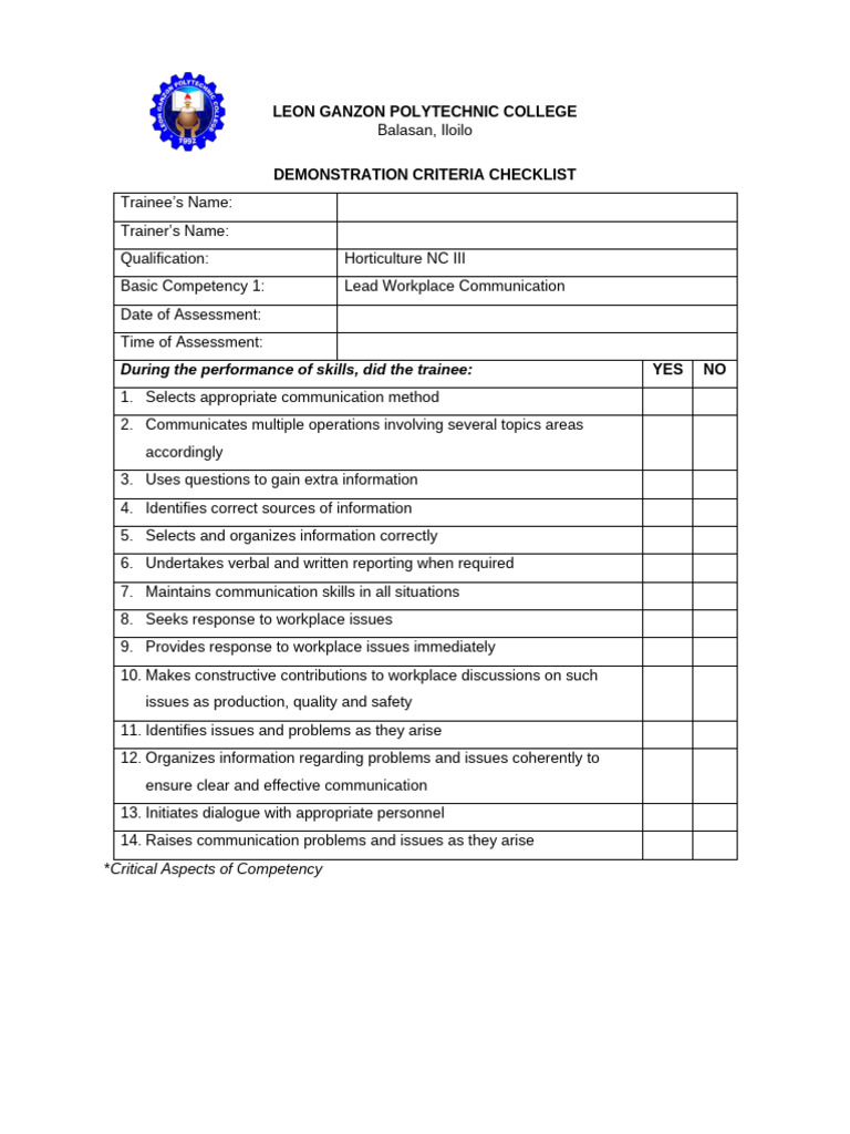 Demo Criteria Checklist Rice Machinery Operation NC II | PDF | Soil ...