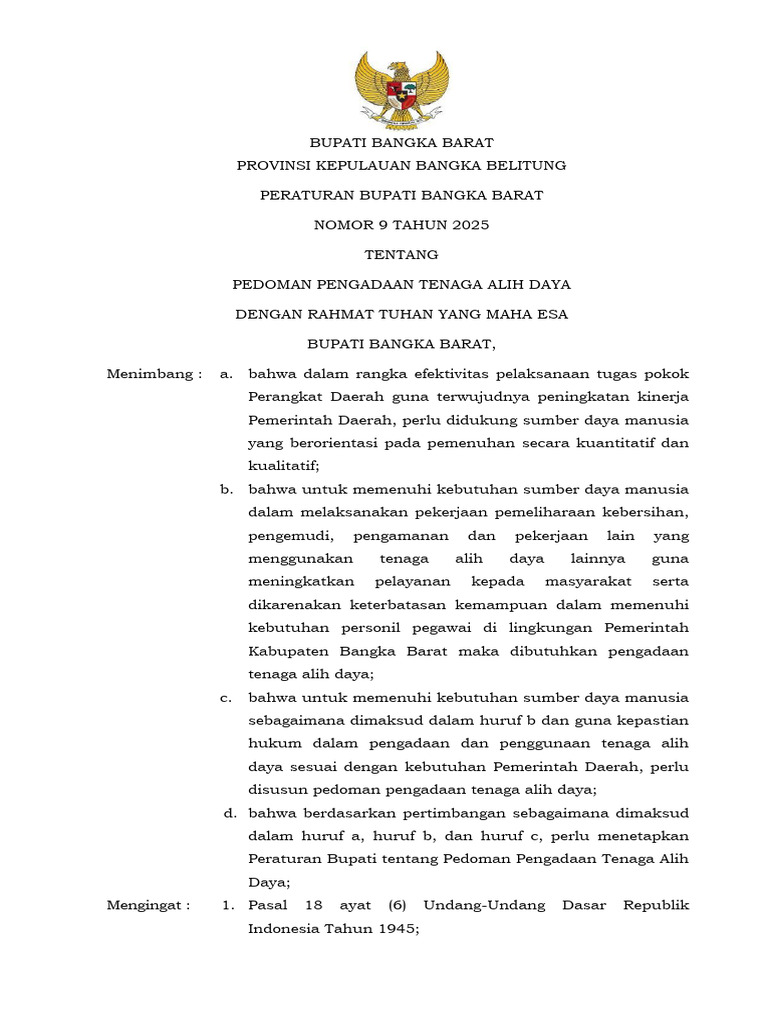 PERBUP NOMOR 9 Tahun 2025 (Pedoman Pengadaan Tenaga Alih Daya) | PDF