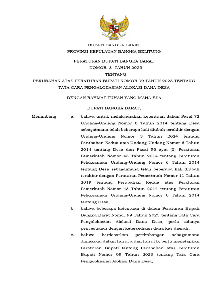 Perbup Nomor 3 Tahun 2025 Perubahan Atas Perbup Nomor 99 Tahun 2023 Tata Cara Pengalokasian Add ...