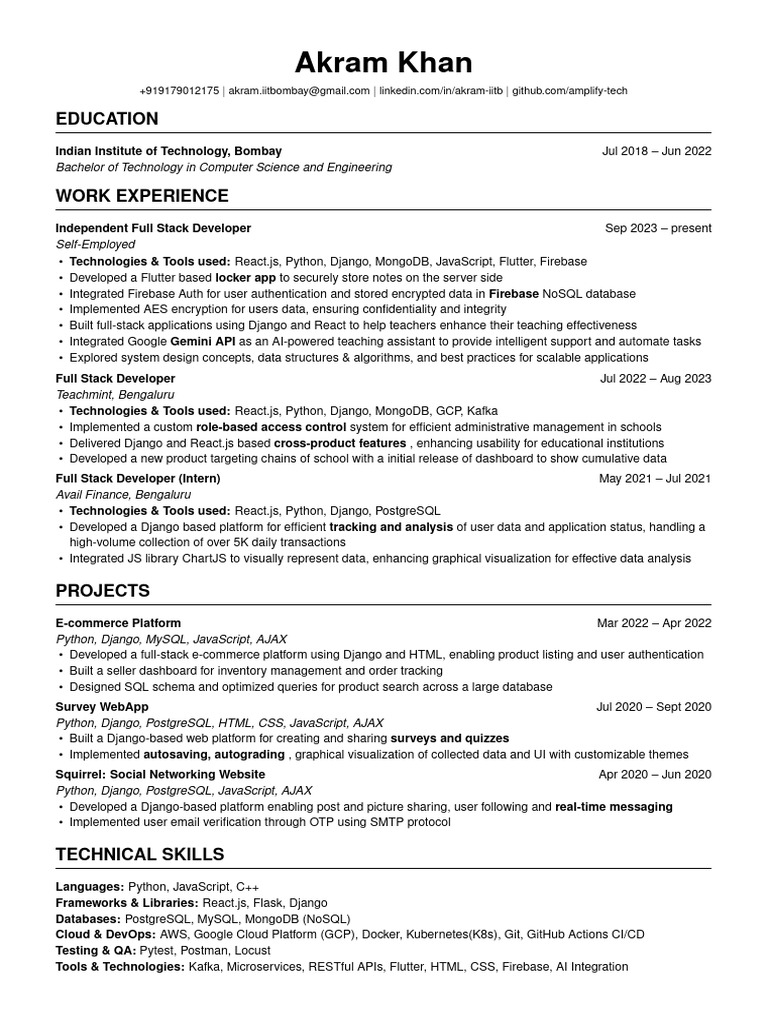 Akram Sde Resume | PDF | Postgre Sql | Databases