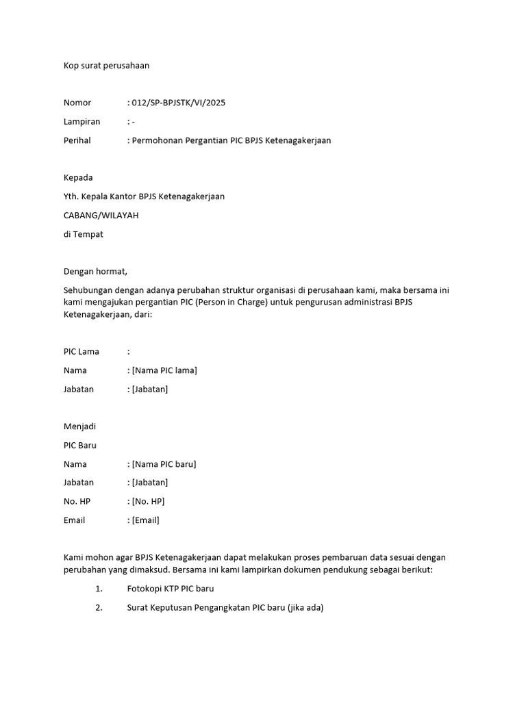 SURAT Permohonan Pergantian PIC BPJS Ketenagakerjaan | PDF