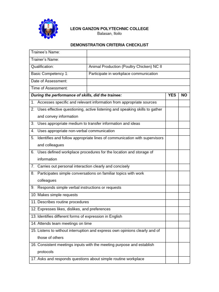 Demo Criteria Checklist Animal Production Poultry Chicken NC 2 | PDF ...