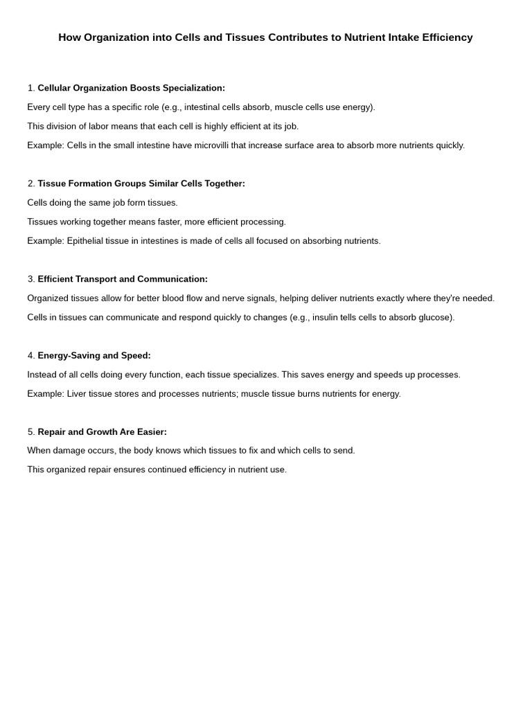 Nutrient Intake Efficiency Cells Tissues | PDF