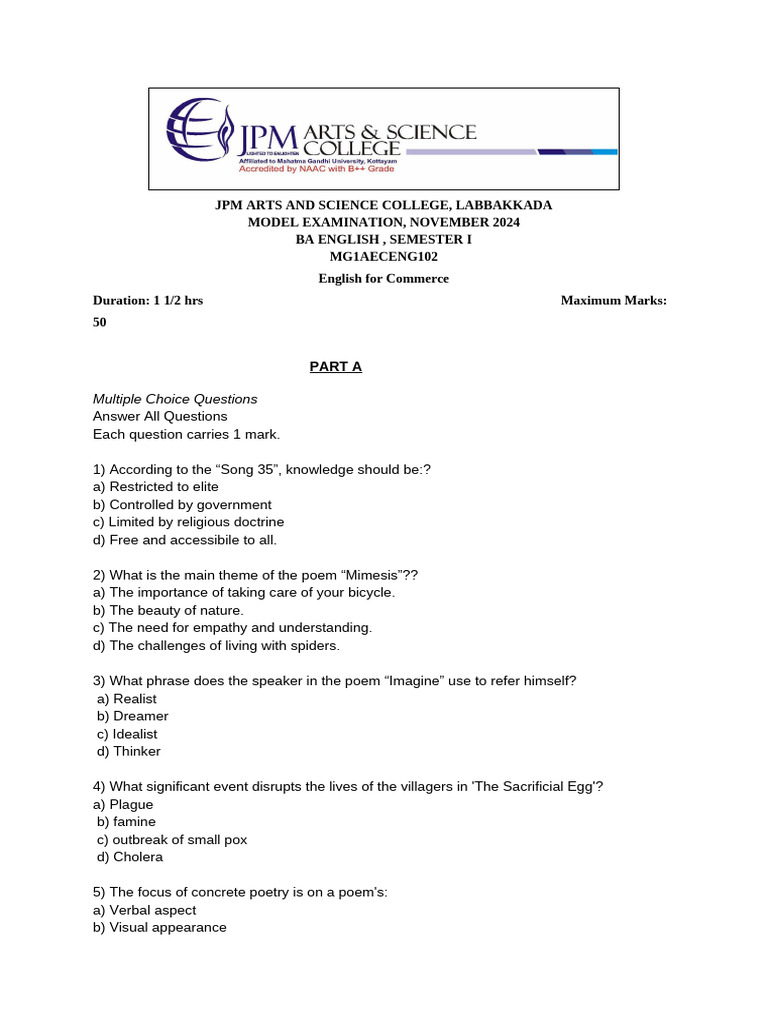 BA English Model Exam November 2024 | PDF | Poetry