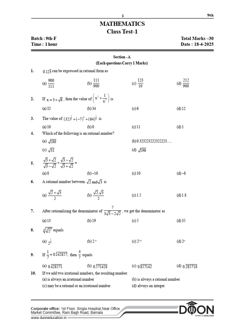 9th Grade Mathematics Class Test 1 | PDF | Numbers | Rational Number