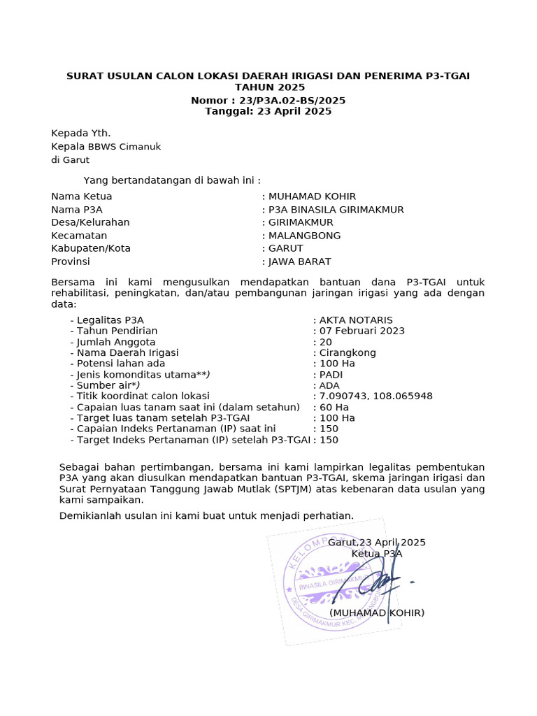 Contoh Surat Usulan 2025 - P3-TGAI-SPTJM-Skema Petak Tersier | PDF