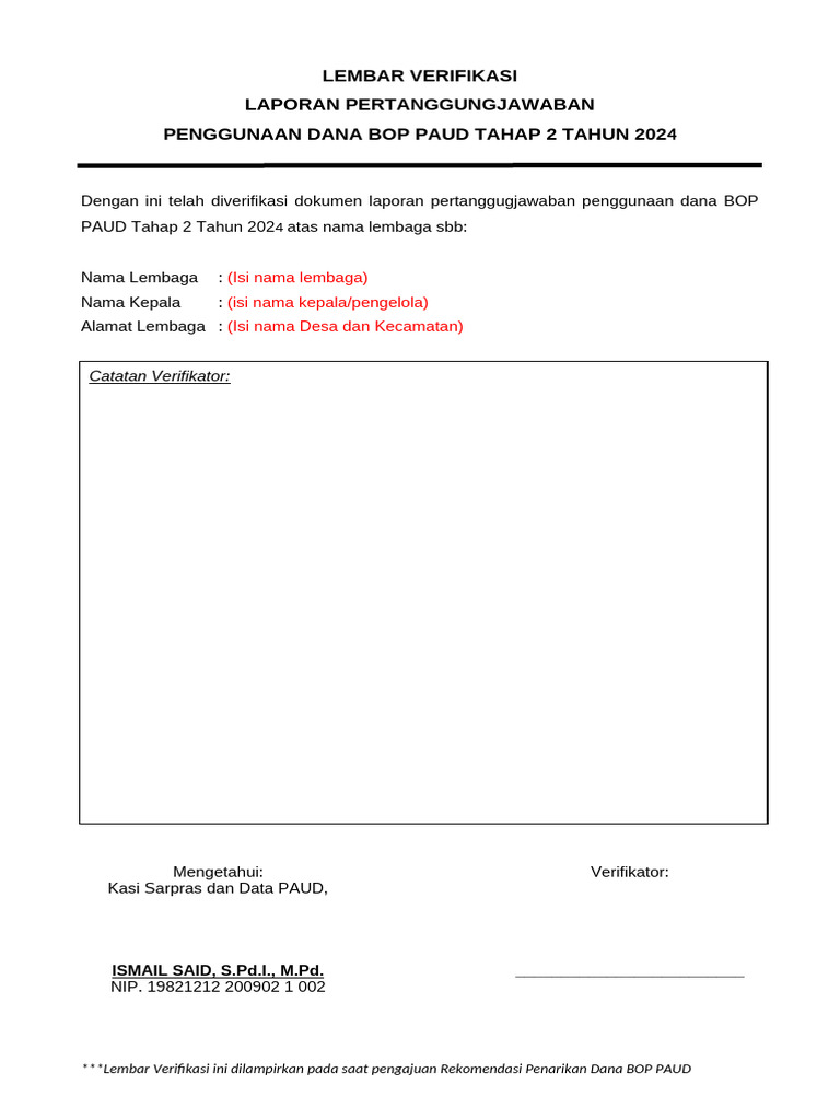 Lembar Verifikasi Bop 2024 | PDF