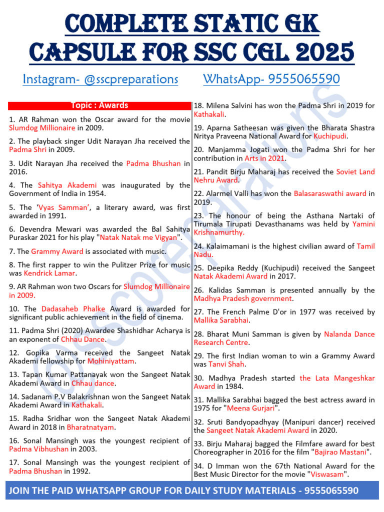 Complete Static GK Capsule For SSC CGL 2025 | PDF | Nobel Prize