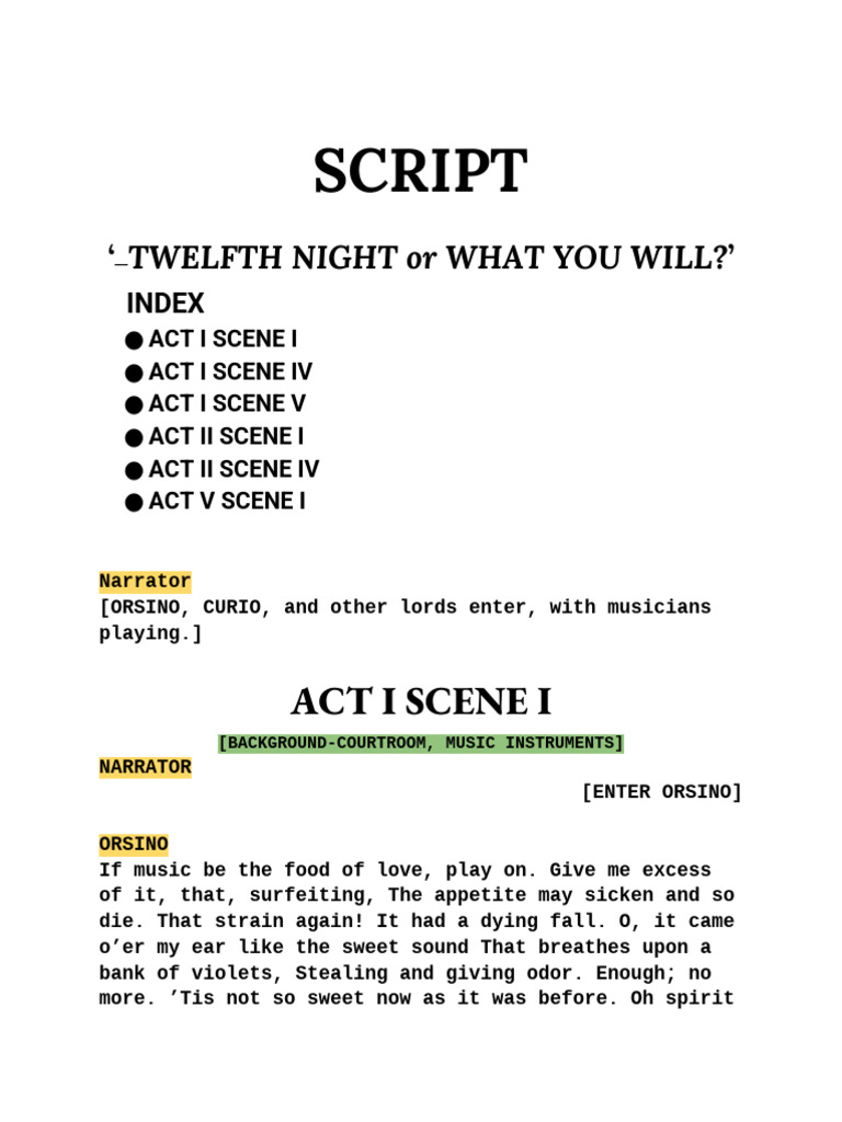 SCRIPT-Twelfth Night or What You Will | PDF