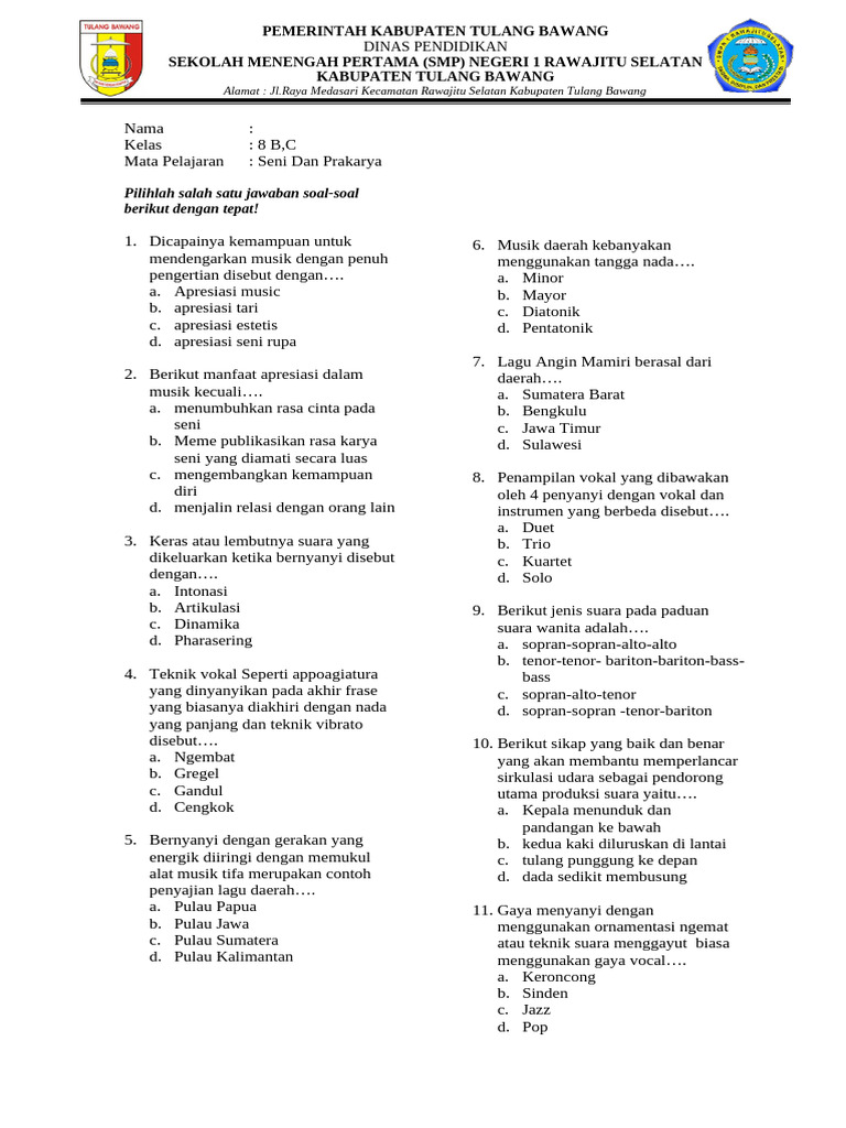 Soal Seni dan Prakarya Kelas VIII | PDF
