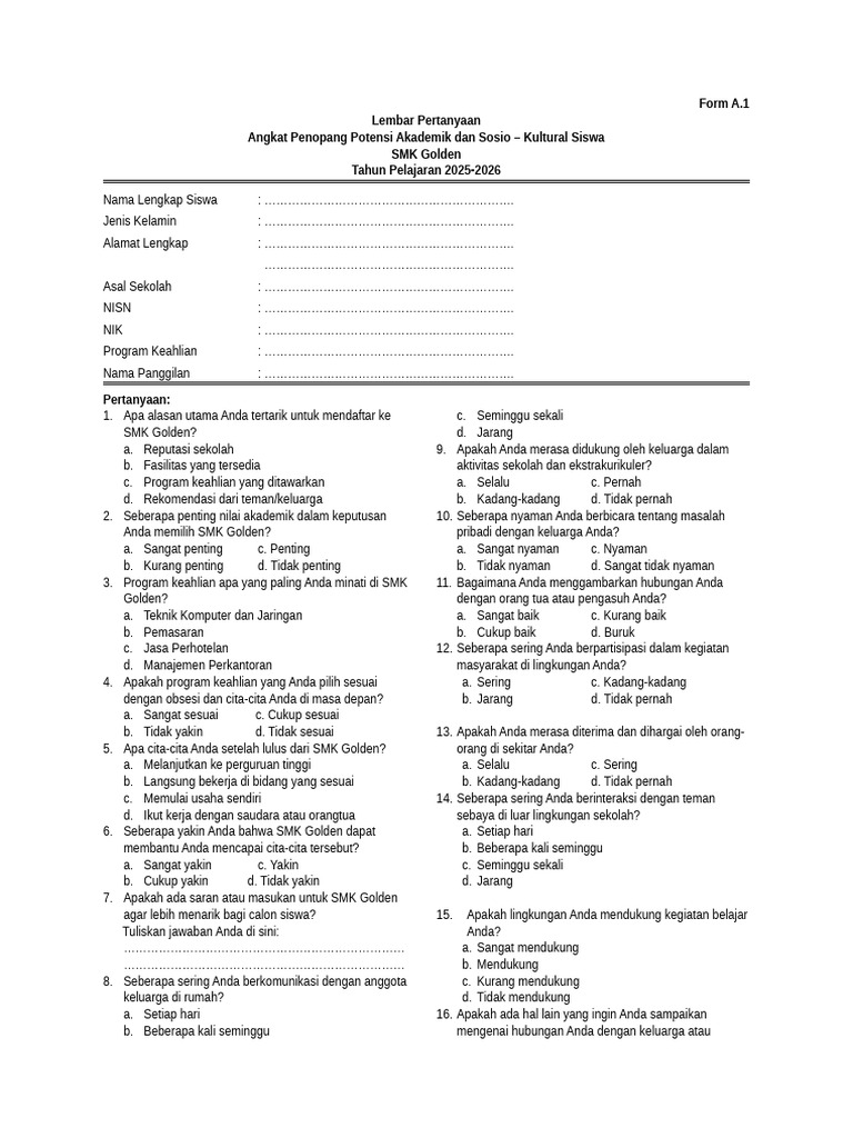 Form a.1 (Wawancara Peserta Didik Baru) SMK Golden | PDF
