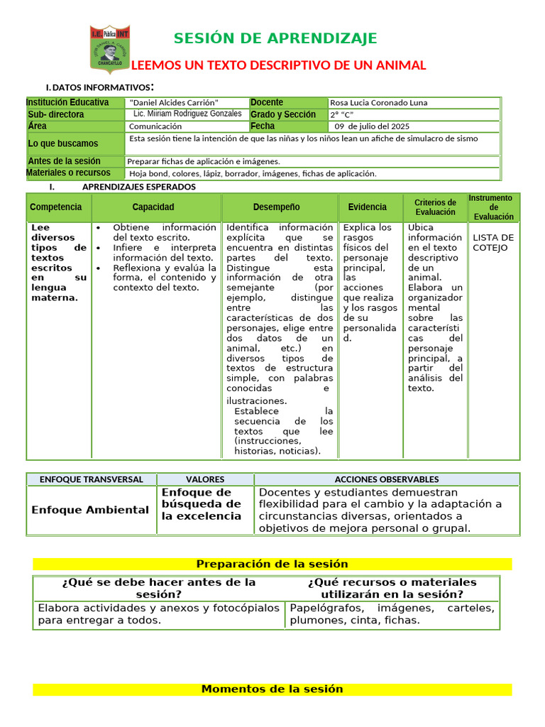 Sesion Leemos Un Texto Descriptivo De Un Animal Pdf Adjetivo