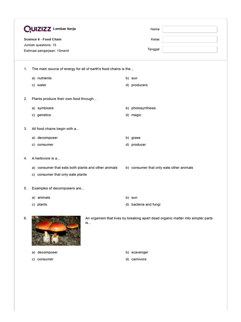 Science 6 - Food Chain - Quizizz | PDF | Foods | Plants