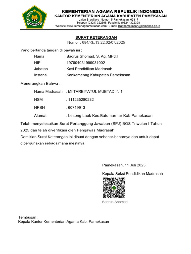 Surat Keterangan SPJ Bos - Mi Sabilul Muttaqien | PDF