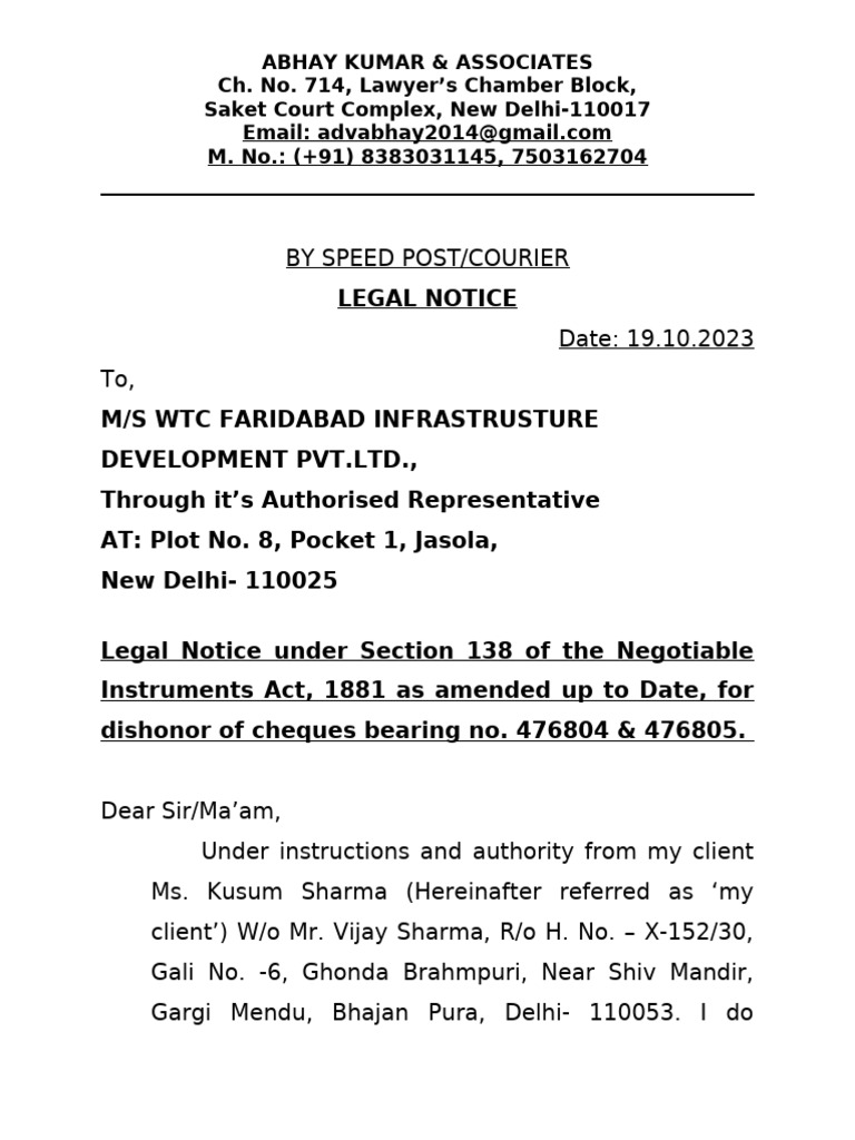 Legal Notice Kusum Sharma | PDF | Cheque | Fine (Penalty)