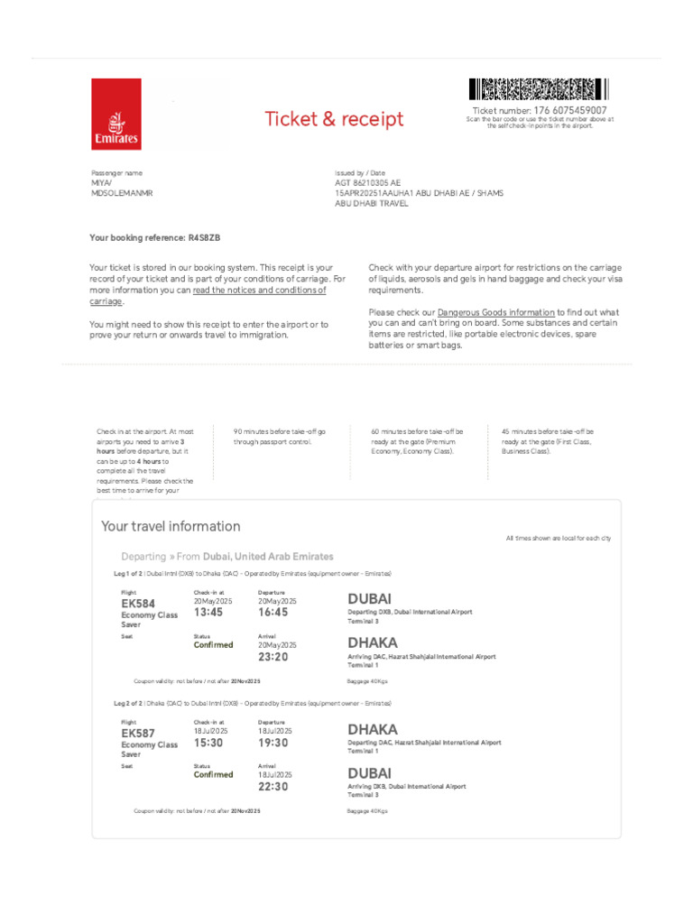 Emirates Ticket and Travel Details | PDF | Aviation