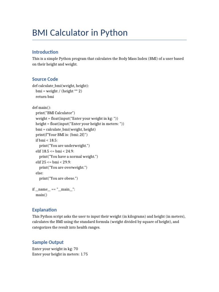 BMI Calculator in Python | PDF