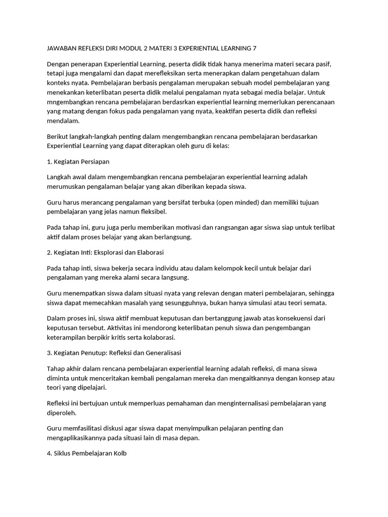 Jawaban Refleksi Diri Modul 2 Materi 3 Experiential Learning 7 | PDF