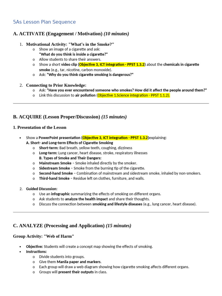 5as Lesson Plan Sequence | PDF | Cigarette | Smoking