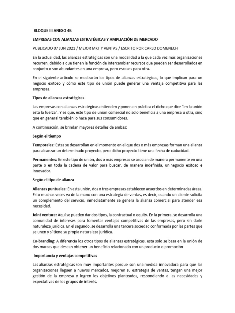Anexo 4b Alianzas Estratégicas | PDF | Business | Mercado (economía)