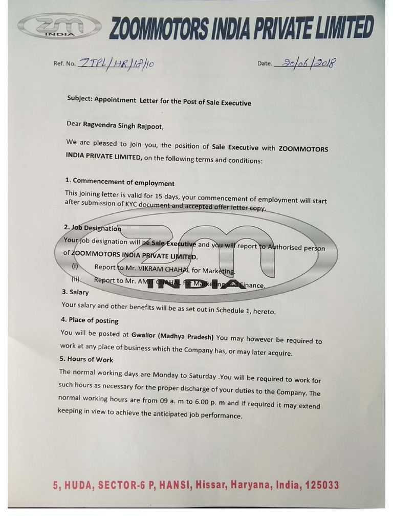 Zoom Appointment Letter Ragvendra Singh | PDF