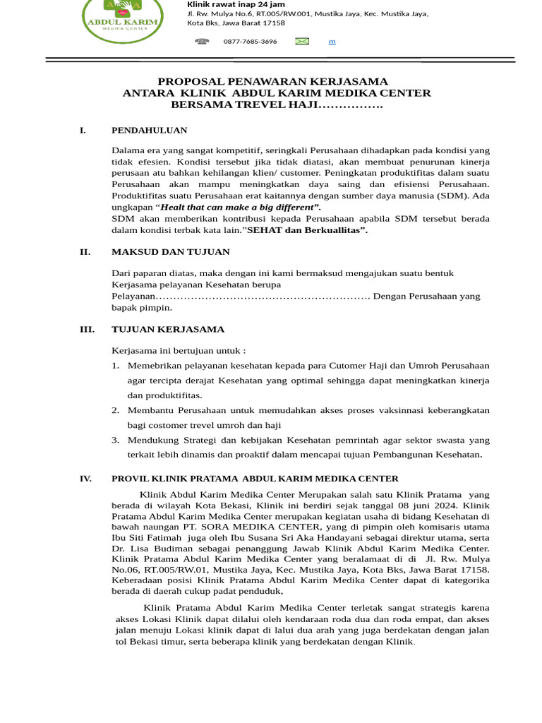 Proposal Penawaran Kerjasama Klinik Abdul Karim Medika Center - Trevel Haji | PDF