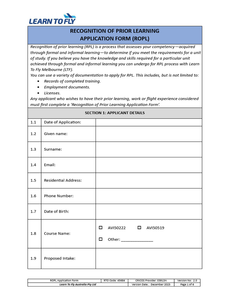 ROPL Application Form for Aviation | PDF