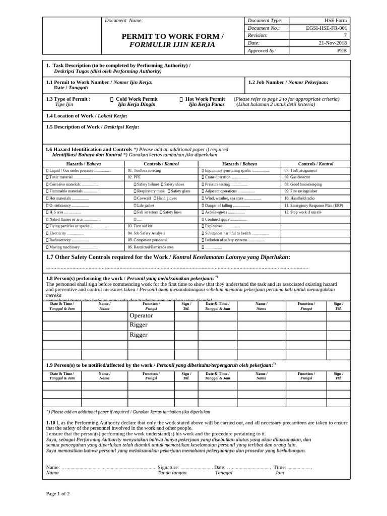 CONTOH Permit To Work Form | PDF | Occupational Safety And Health ...