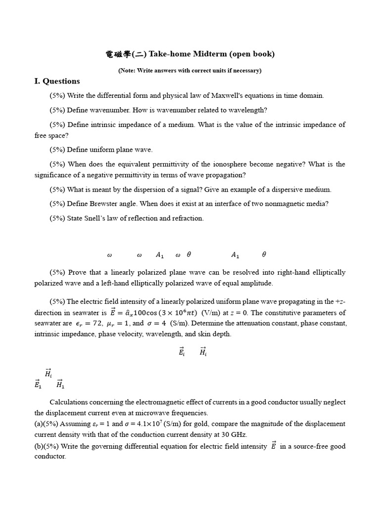 Take-Home Midterm (Open Book) | PDF | Waves | Polarization (Waves)