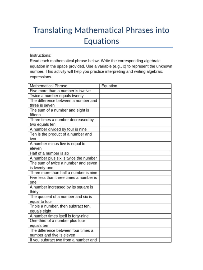 Translating Math Phrases Activity | PDF
