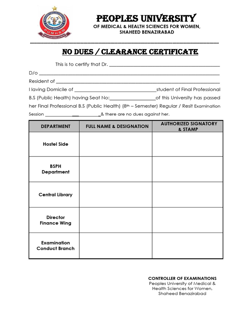 No Dues Form Final Year BSPH | PDF