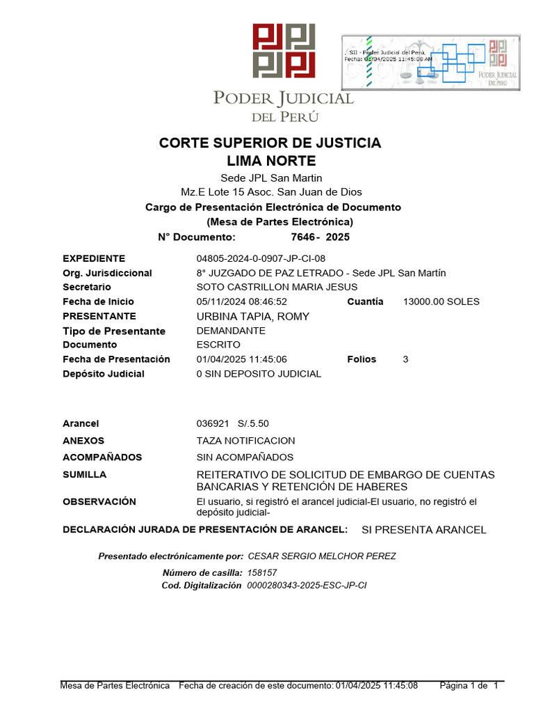 Lima Norte Corte Superior de Justicia: Cargo de Presentación ...