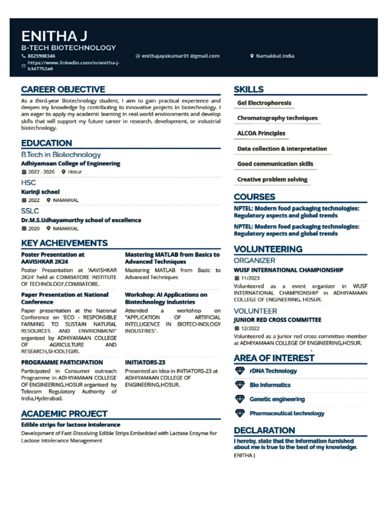 Enitha J - Biotech | PDF
