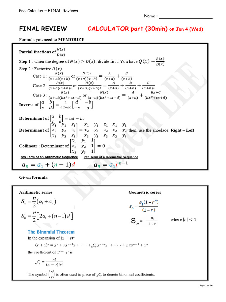 Pre-Calc Final Review (Calculator) | PDF | Algebra | Mathematical Analysis