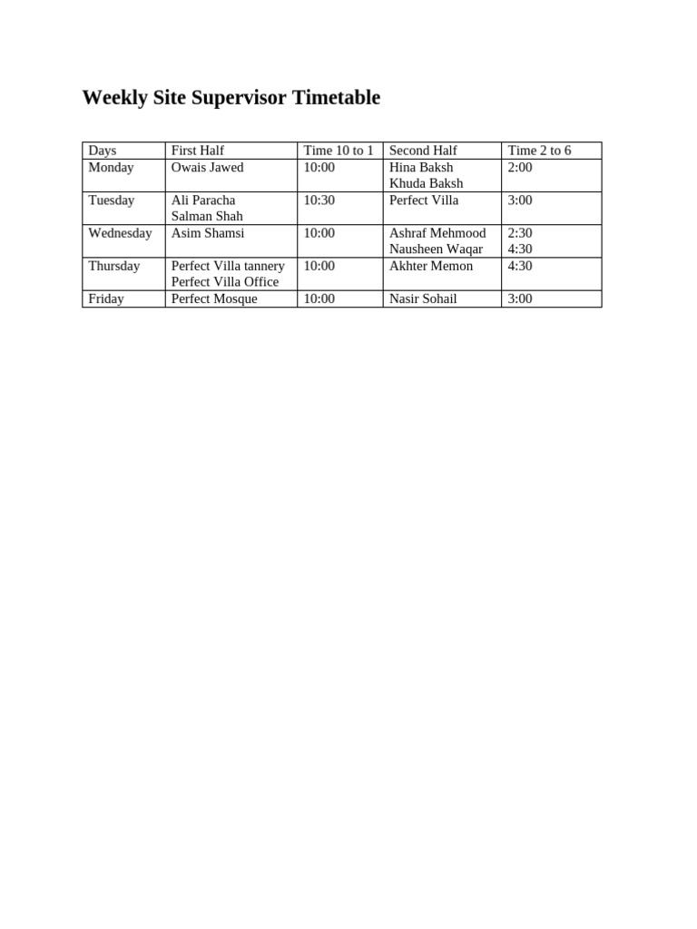 Weekly Site Supervisor Timetable | PDF
