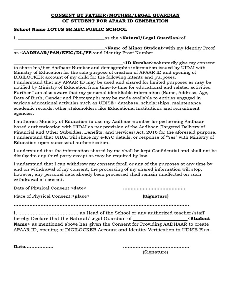Consent Form APAAR Modified Approved LPS | PDF | Access Control | Authentication