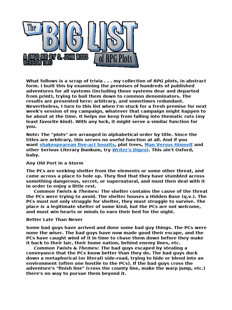 Howto Big List of RPG Plots | PDF