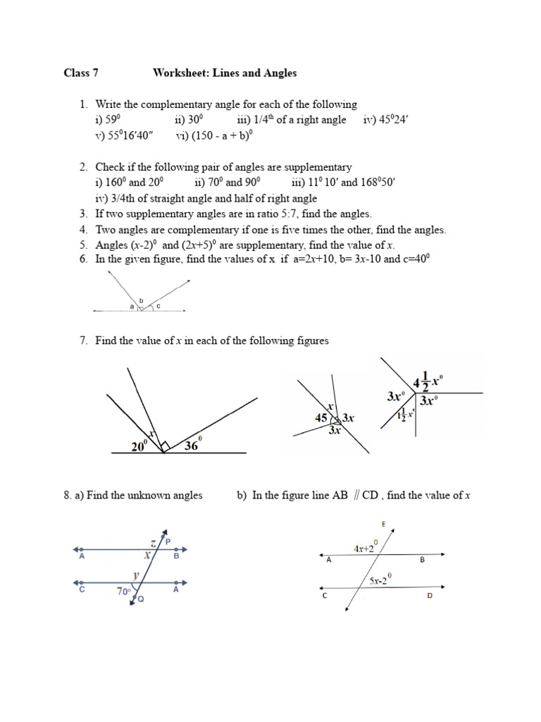 Class 7 Worksheet - Lines and Angles | PDF