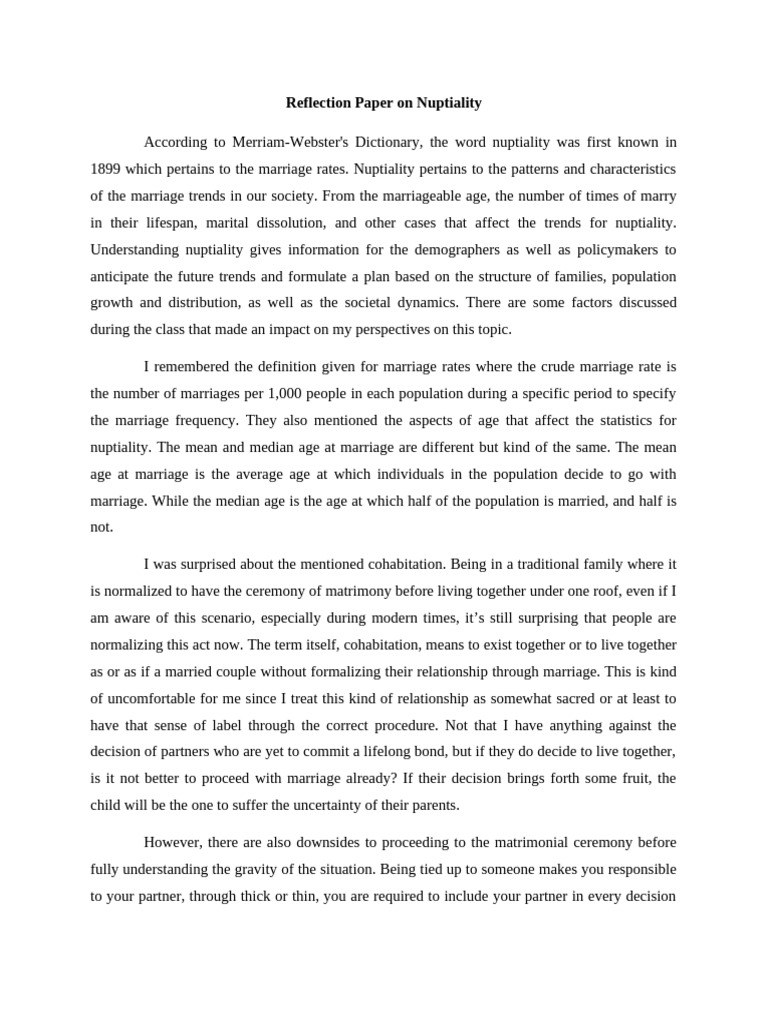 Reflection Paper On Nuptiality | PDF | Marriage | Divorce