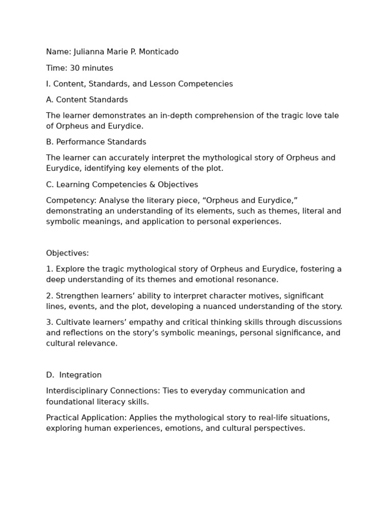 Lesson Plan On Orpheus and Eurydice | PDF | Hades | Orpheus