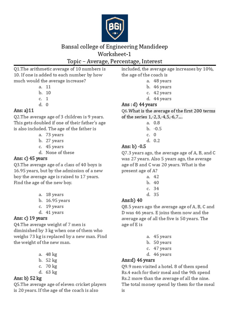Average, Percentage, Interest Worksheet - 1 | PDF | Interest | Economies