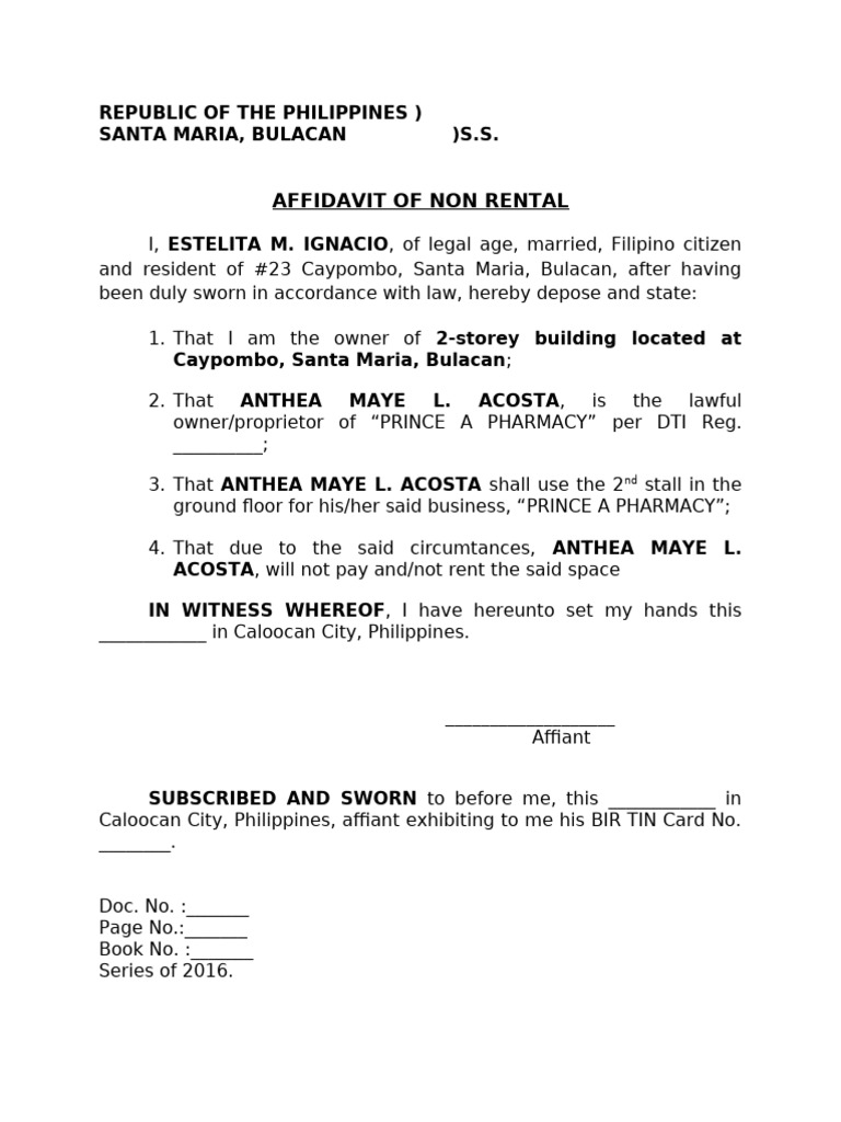 Affidavit of No Rental Sample | PDF