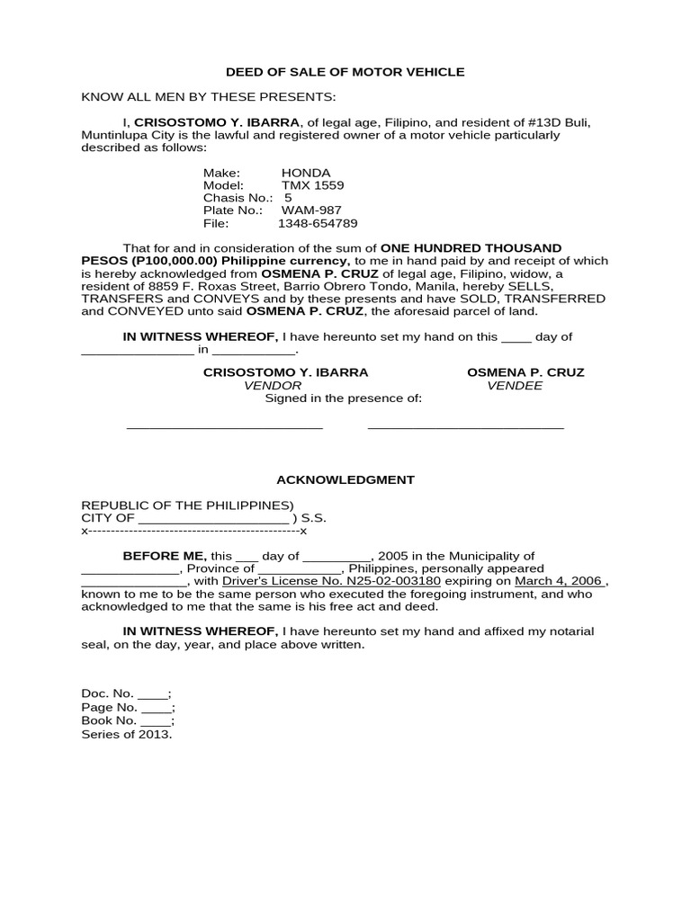 Deed of Sale of Motor Vehicle | PDF