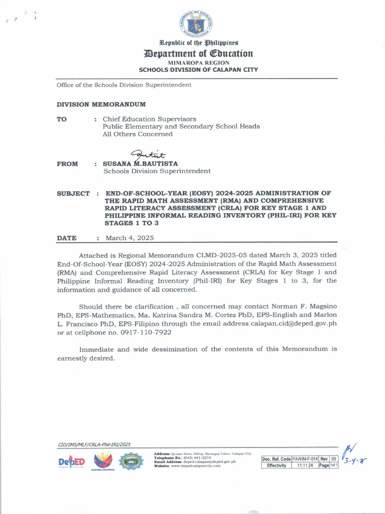 EOSY 2024 2025 Administration of The Rapid Math Assessment RMA and CRLA ...