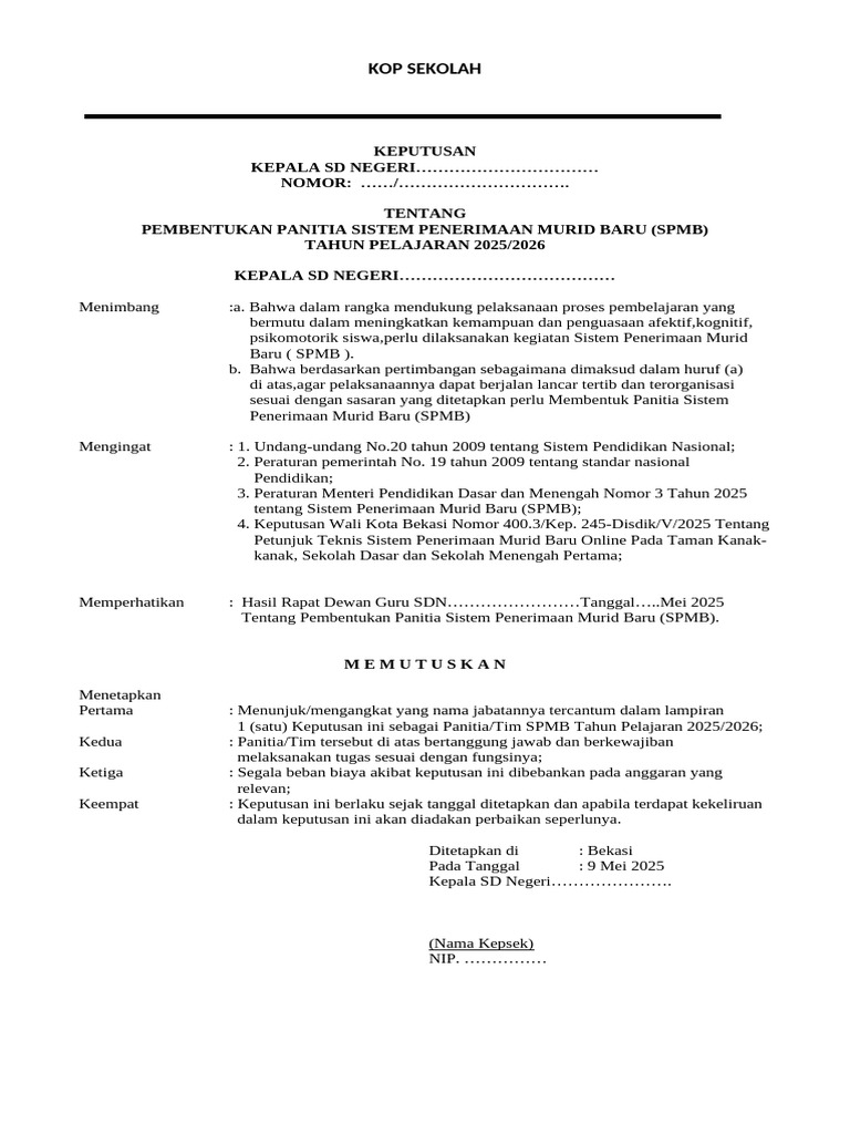 CONTOH SK PANITIA SPMB Tahun Ajaran 2025 2026 | PDF