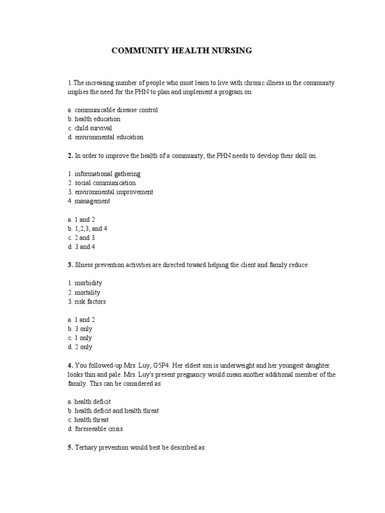 CHN 2 Questions & Answer Key | PDF | Nursing | Preventive Healthcare